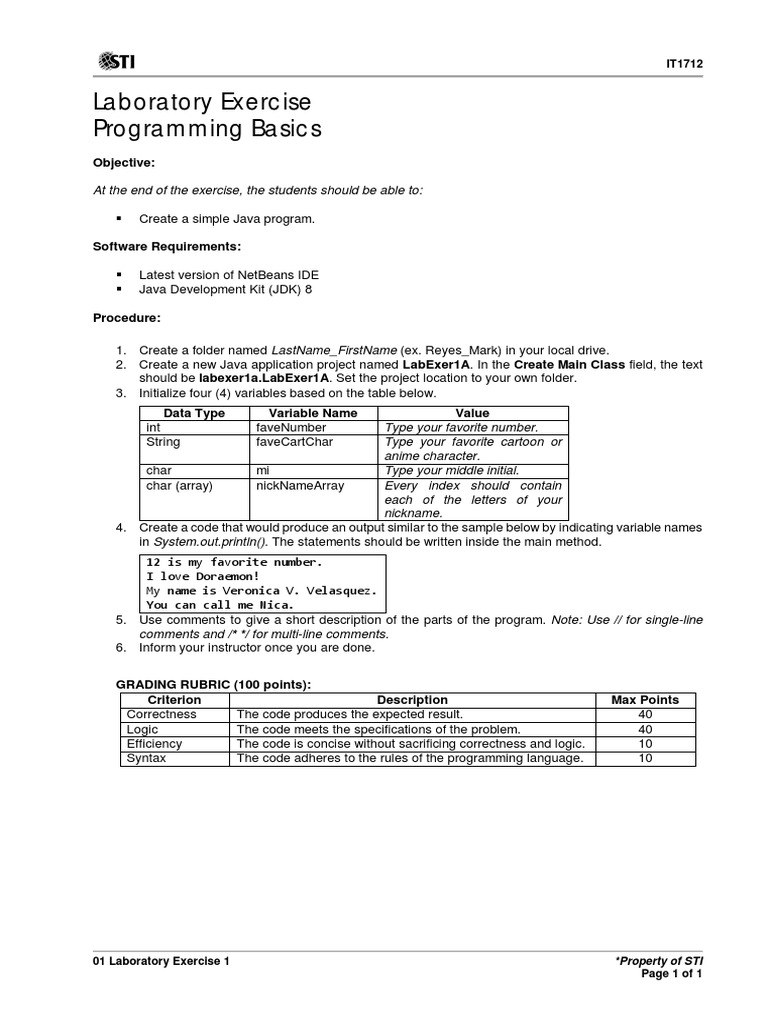 Laboratory Exercise Programming Basics Objective Pdf Java Programming Language Computer