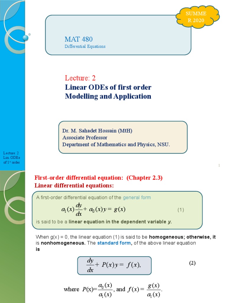 Summer 2021 - Lecture 2 - Linear ODEs of First Order and Modelling | PDF | Ordinary Differential ...