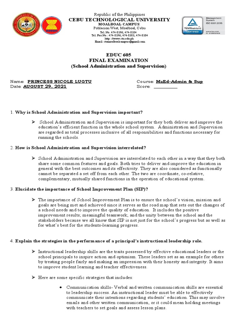Final Exam in Admin and Supervision | PDF | Leadership | Teachers