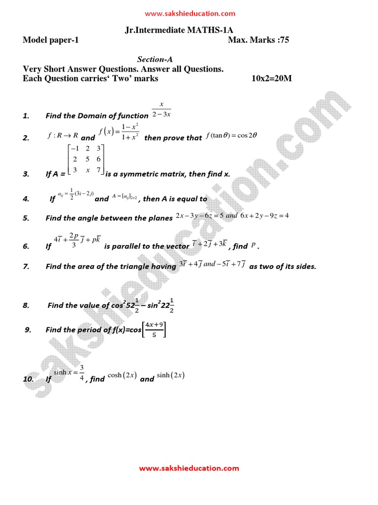 Section-A: JR - Intermediate MATHS-1A Model Paper-1 Max. Marks:75 | PDF | Mathematical Concepts ...