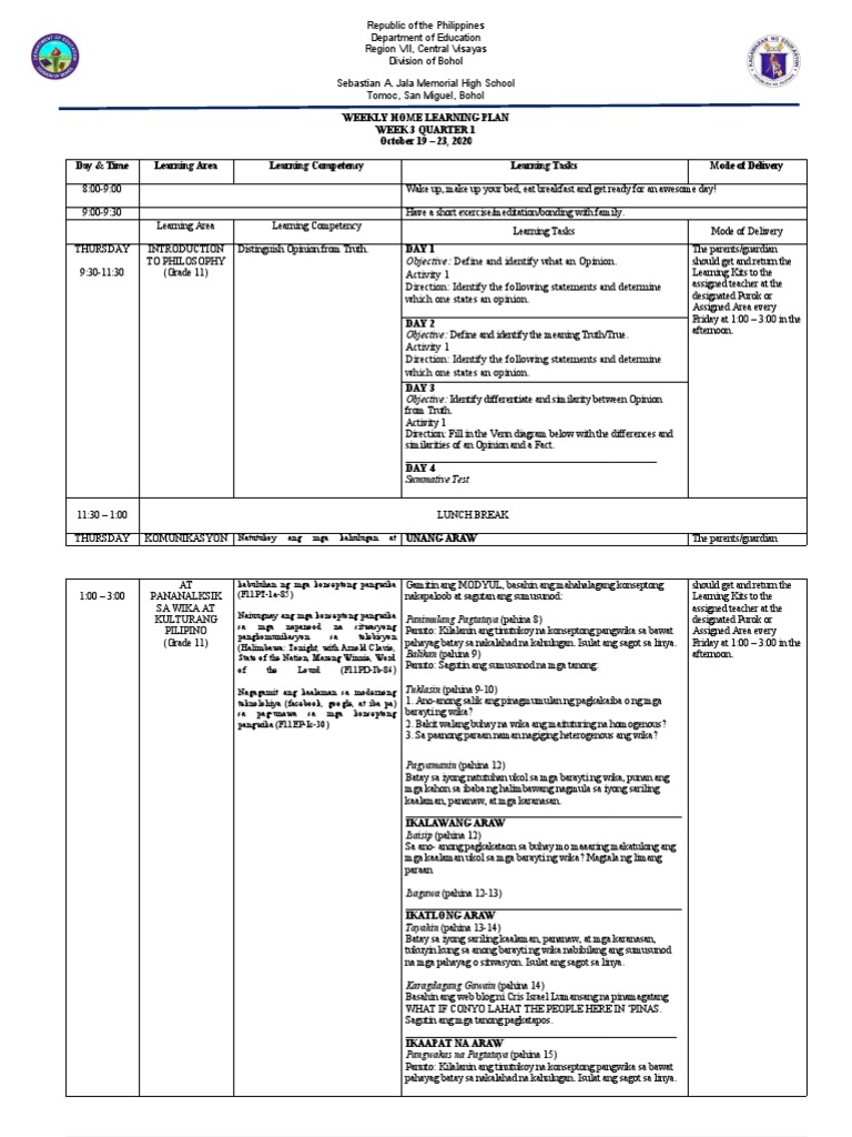 Weekly Home Learning Plan Week 3 Quarter 1 October 19 - 23, 2020 Day ...