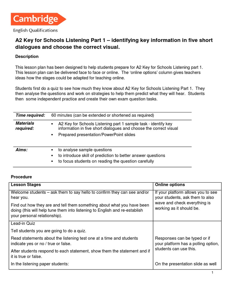 A2 Key Listening Activities for Schools | PDF | Lesson Plan | Question