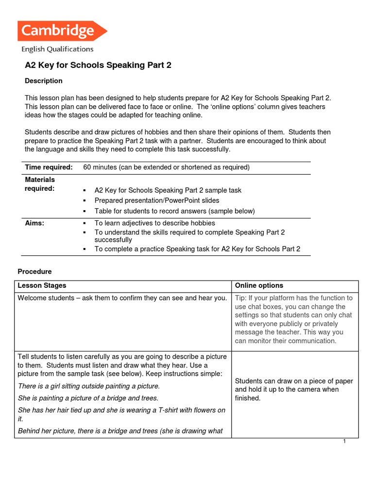 (Online Teaching) A2 Key For Schools Speaking Part 2 | PDF | Lesson ...