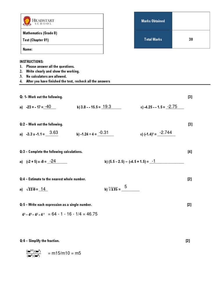Grade 8 Mathematics Test Chapter 01 | PDF | Mathematics | Arithmetic