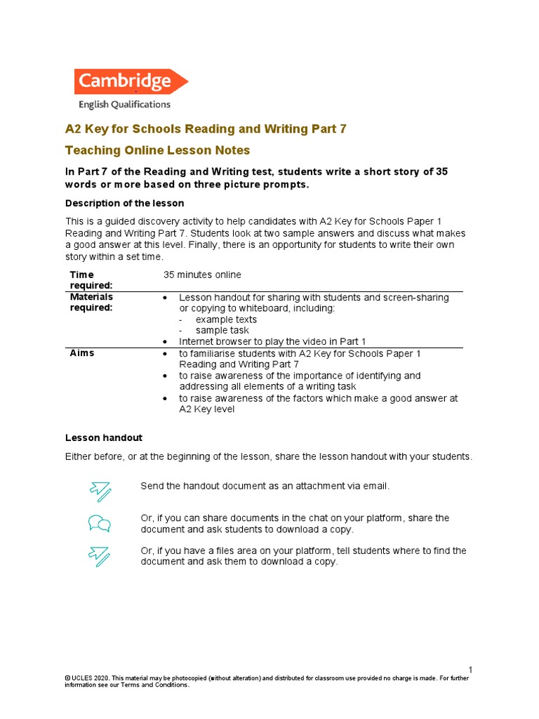 A2 Key For Schools Reading and Writing Part 7 - Teaching Online Lesson ...