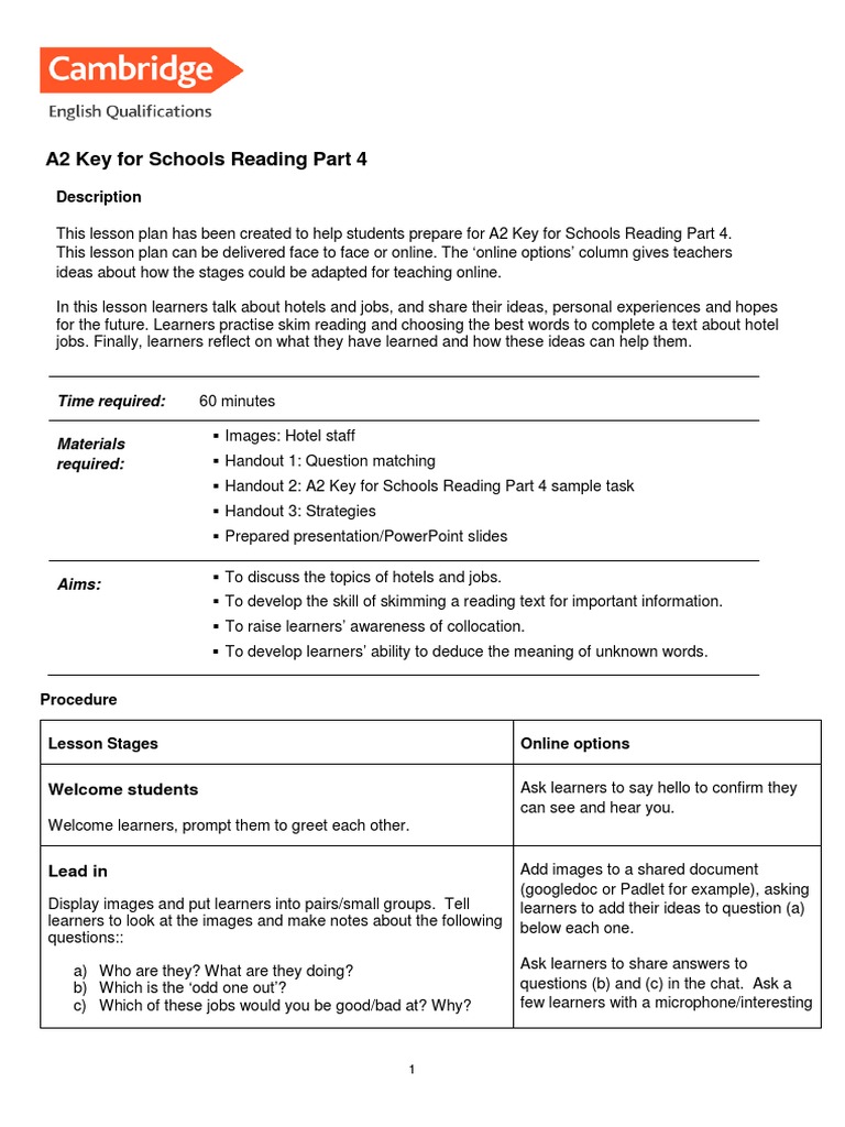 A2 Key For Schools Reading Part 4 | PDF | Learning | Lesson Plan