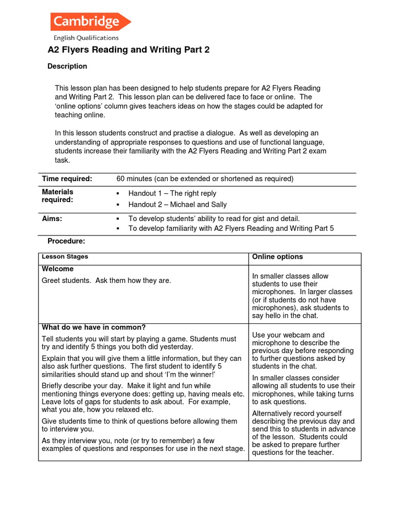 (Online Teaching) A2 Flyers Reading and Writing Part 2 | PDF | Lesson ...