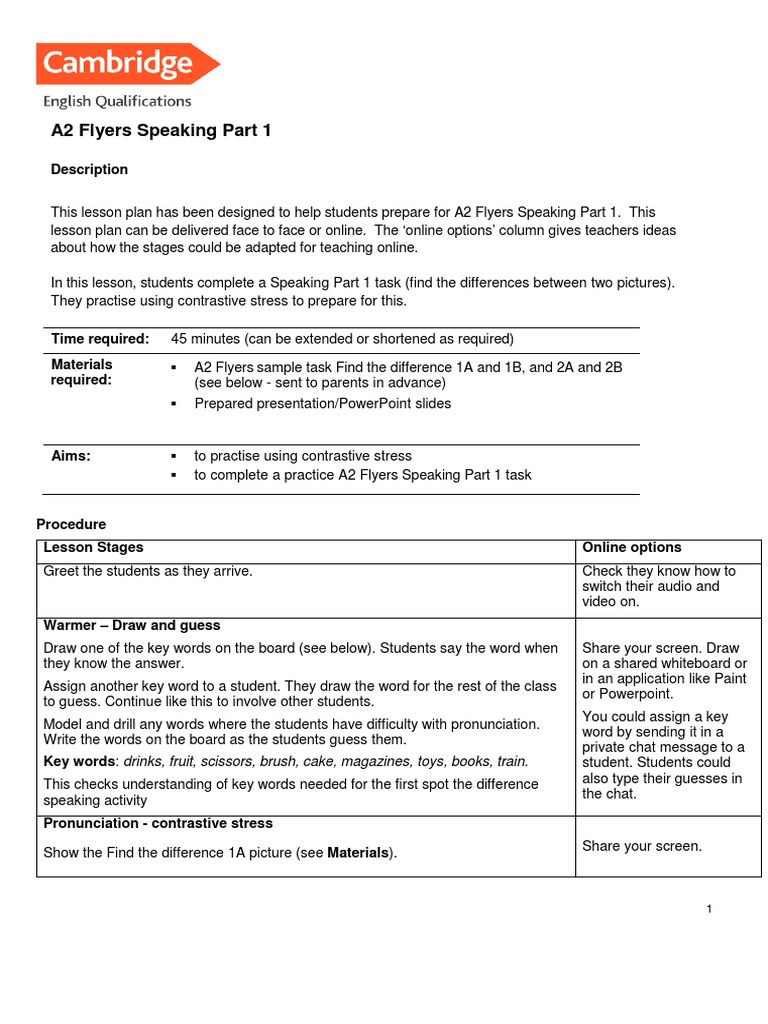 A2 Flyers Speaking Lesson Plan | PDF | Stress (Linguistics) | Lesson Plan