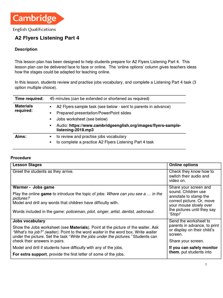 A2 Flyers Listening Part 4 Lesson Plan | PDF | Vocabulary | Lesson Plan