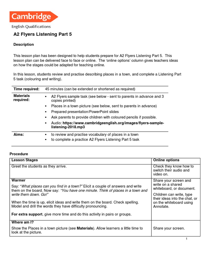 A2 Flyers Listening Part 5 | PDF | Vocabulary | Lesson Plan