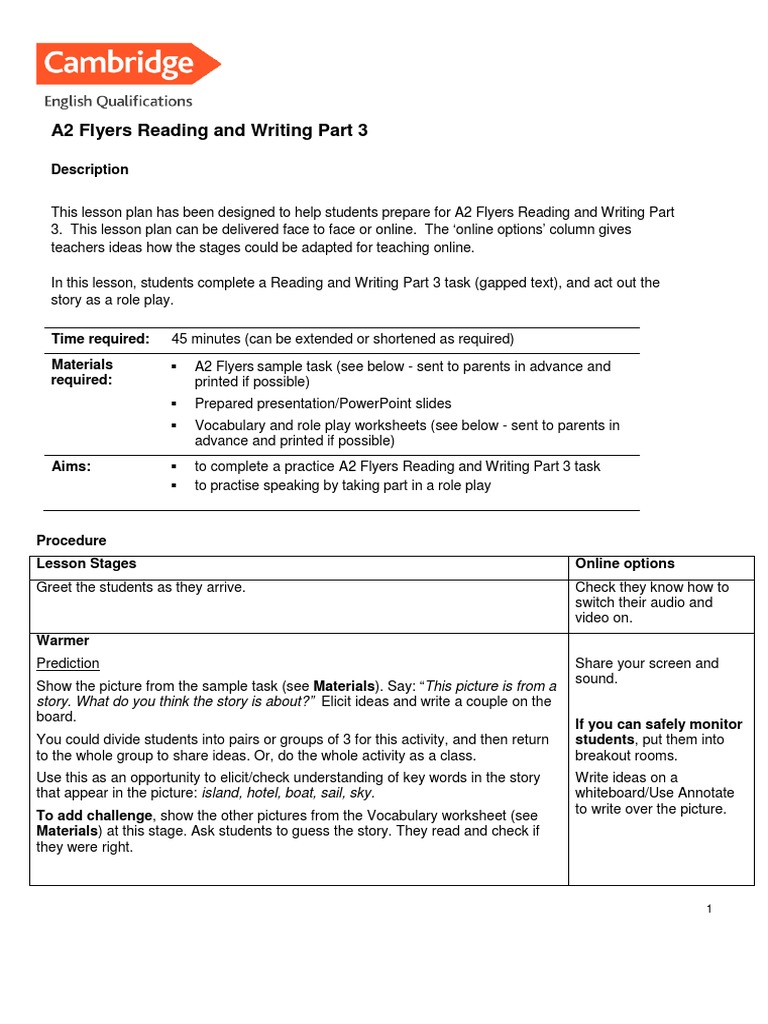 A2 Flyers Reading and Writing Part 3 | PDF | Lesson Plan | Vocabulary
