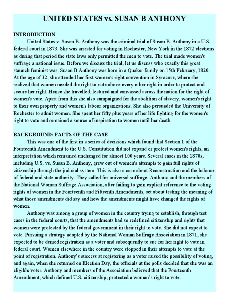 United States vs. Susan B Anthony | PDF | Suffrage | Fourteenth ...