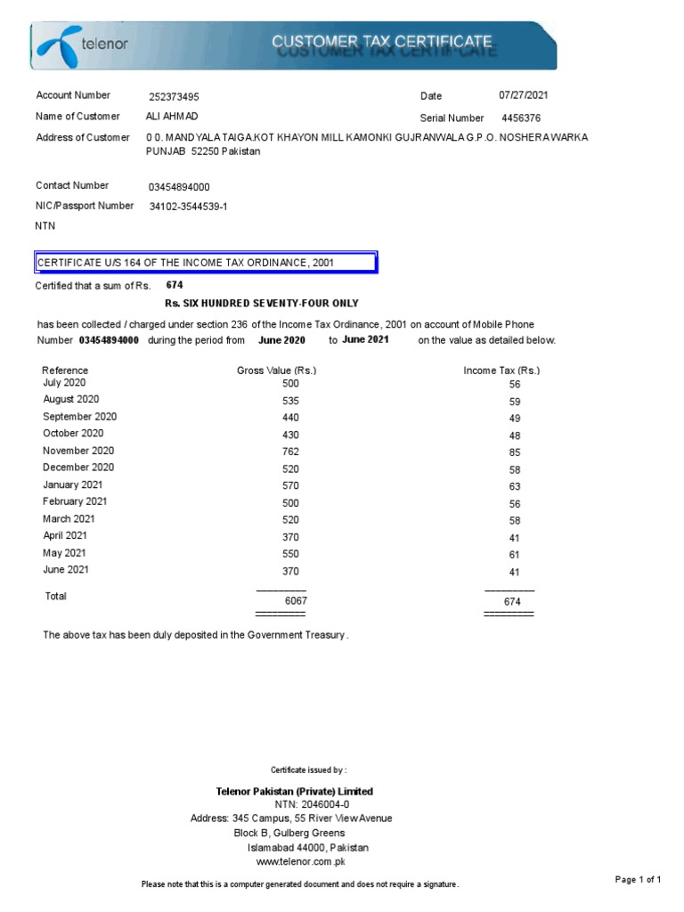 Tax Certificate Telenor1 | PDF | Government | Government Finances
