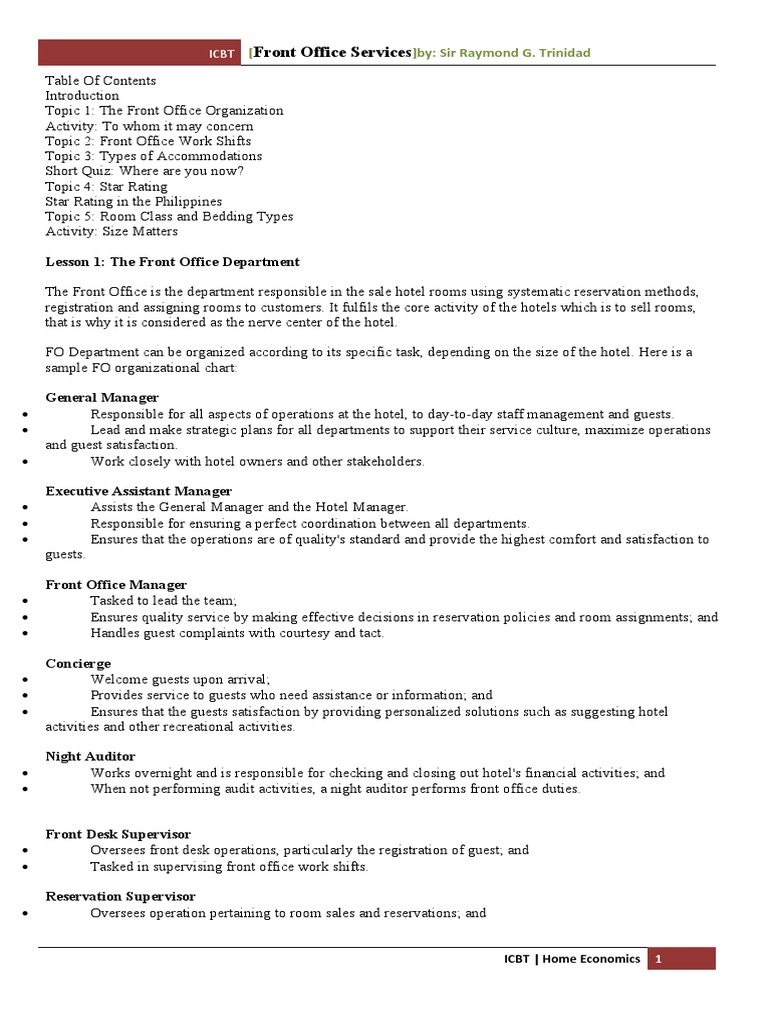 Front Office Department Overview | PDF | Hotel | Business