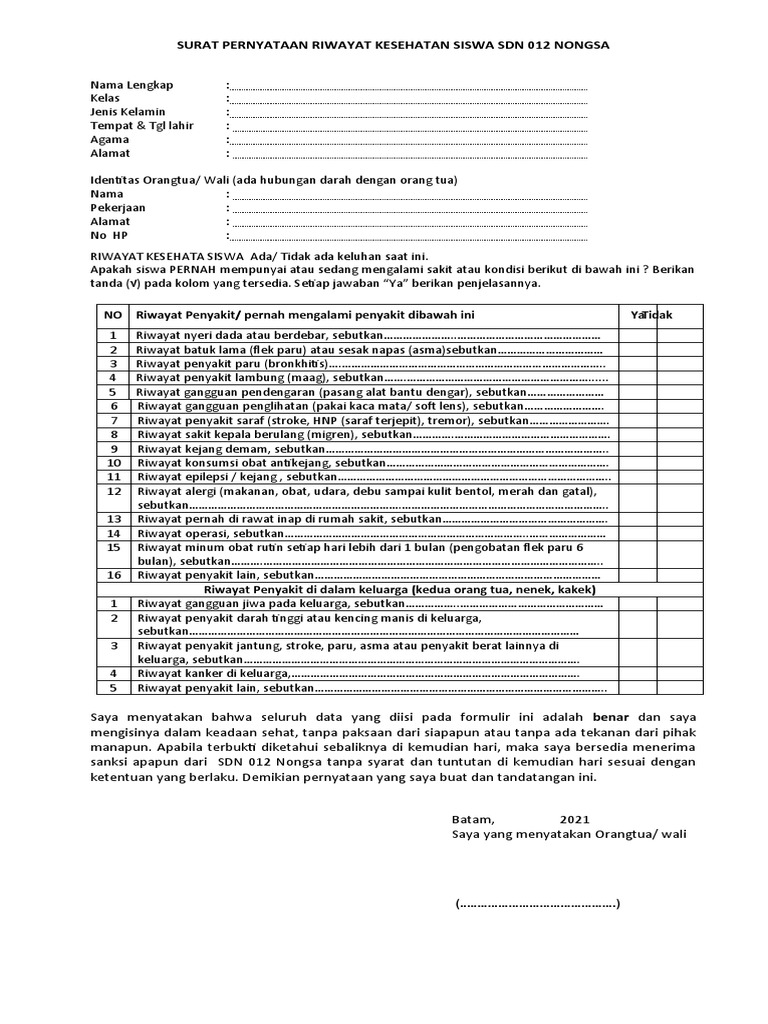 Formulir Riwayat Kesehatan | PDF