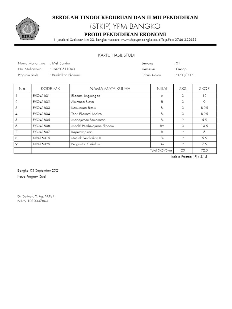 Kartu Hasil Studi Meli Sandra STKIP YPM | PDF