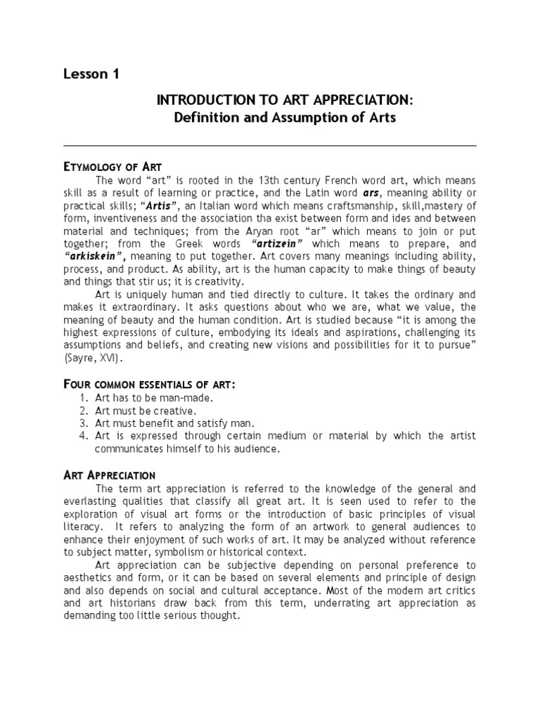 Lesson 1 Introduction To Art Appreciation: Definition and Assumption of ...