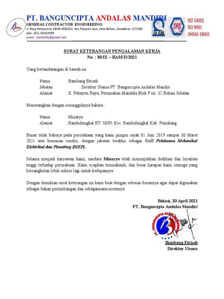 Faklaring PT. BAM An. Pak Minaryo | PDF