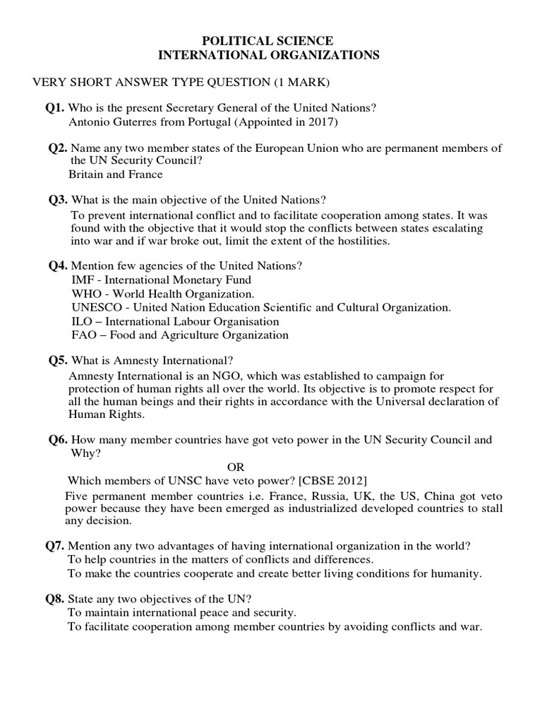 12 Political Science - International Organisations - Notes | PDF ...