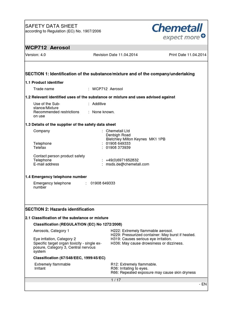 WCP712 Aerosol: Safety Data Sheet | PDF | Dangerous Goods | Toxicity