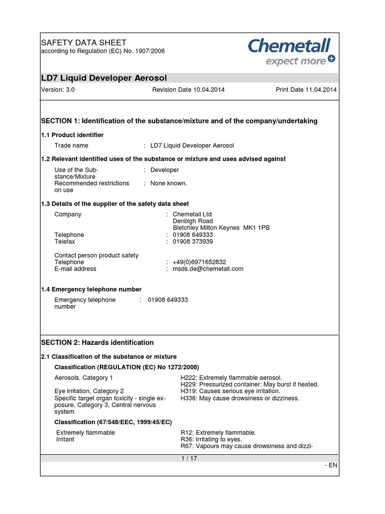 Chemetall - PT - MSDS - LD7 - Liquid Developer Aerosol | PDF ...