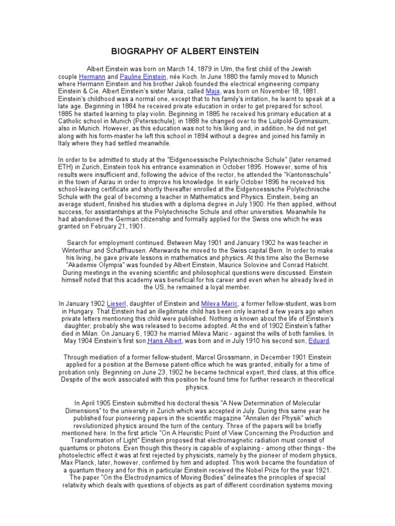 BIOGRAPHY OF ALBERT EINSTEIN - Doc2 | PDF | Albert Einstein | Spacetime