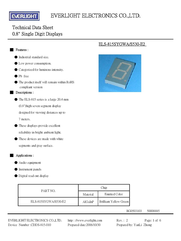 Everlight Electronics Co.,Ltd.: Technical Data Sheet 0.8" Single Digit Displays | PDF ...