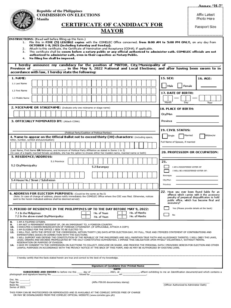 Certificate of Candidacy For Mayor: Commission On Elections | PDF ...