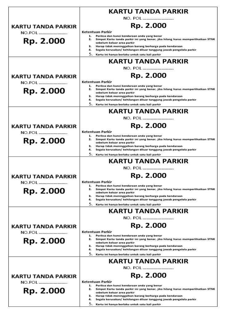 Contoh Kartu Tanda Parkir dan Ketentuan | PDF