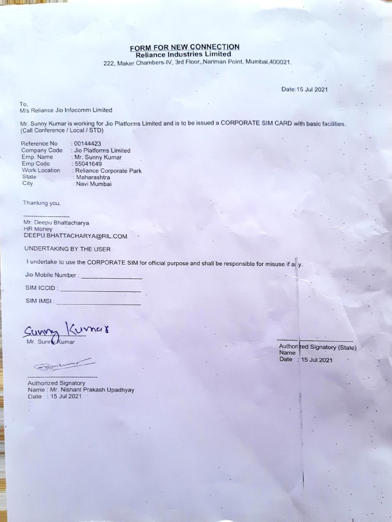 New connection form for corporate SIM | PDF