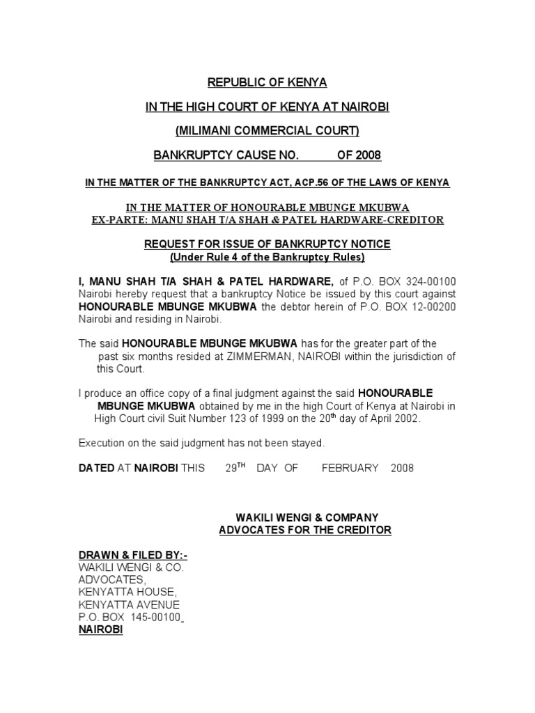 Kenyan Bankruptcy Case Against Politician | PDF | Bankruptcy | Lawsuit