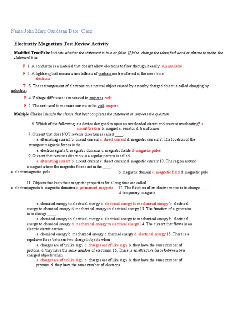 Electricity Magnetism Test Review Activity: Name:John Marc Oandasan ...