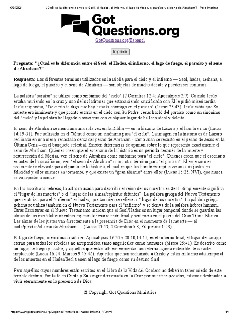 ¿Cuál Es La Diferencia Entre El Seól, El Hades, El Infierno, El Lago de Fuego, El Paraíso y El ...