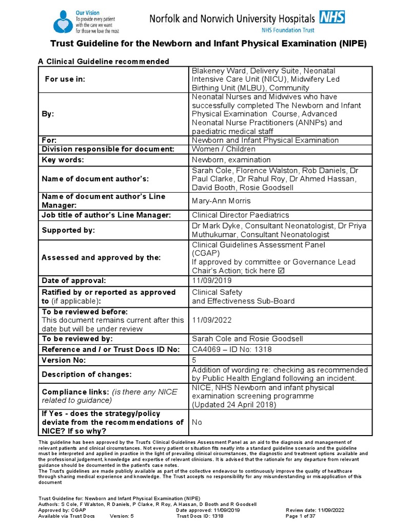 Trust Guideline For The Newborn and Infant Physical Examination (NIPE ...