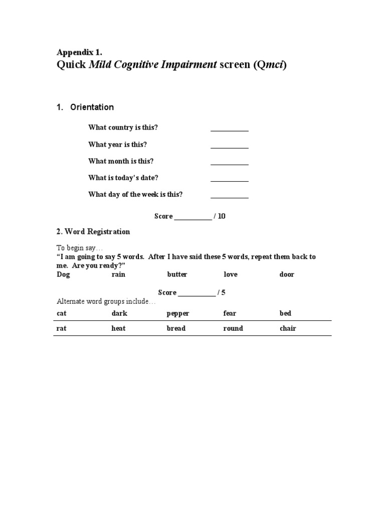 Quick Mild Cognitive Impairment Screen (Qmci) : Appendix 1 | Download ...