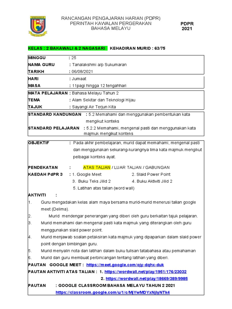 M25 06-08-2021 RPH PDPR BAHASA MELAYU 2BAKAWALI Dan 2 NAGASARI | PDF