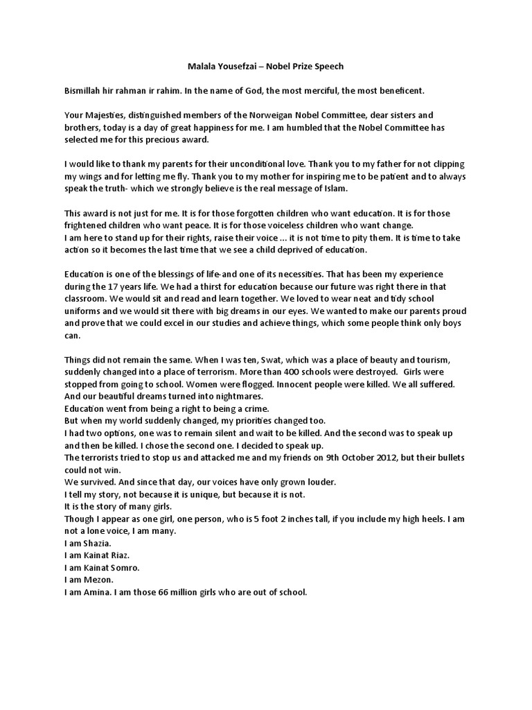 Malala Yousafzai's Speech Nobel Prize | PDF | Malala Yousafzai