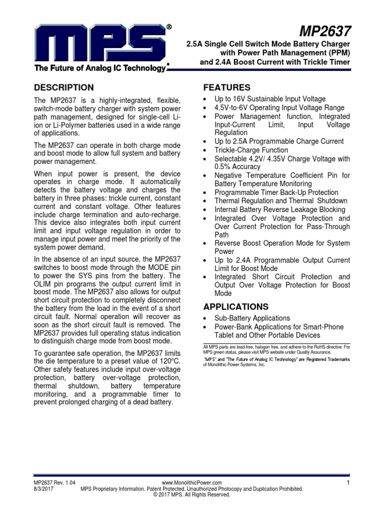 MP2637 MPS | PDF | Capacitor | Battery Charger