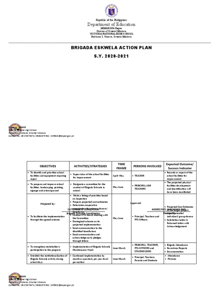 Brigada Eskwela Action Plan 2020-2021 | PDF