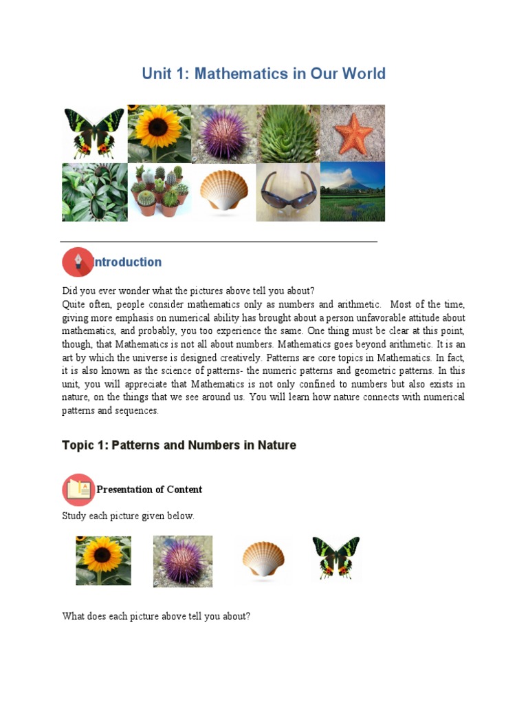 Unit 1: Mathematics in Our World: Topic 1: Patterns and Numbers in Nature | PDF | Pattern | Fractal