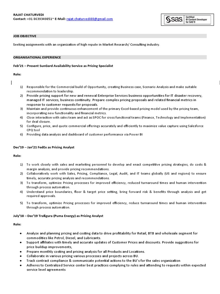 Resume - Rajat Chaturvedi | PDF | Pricing | Sales