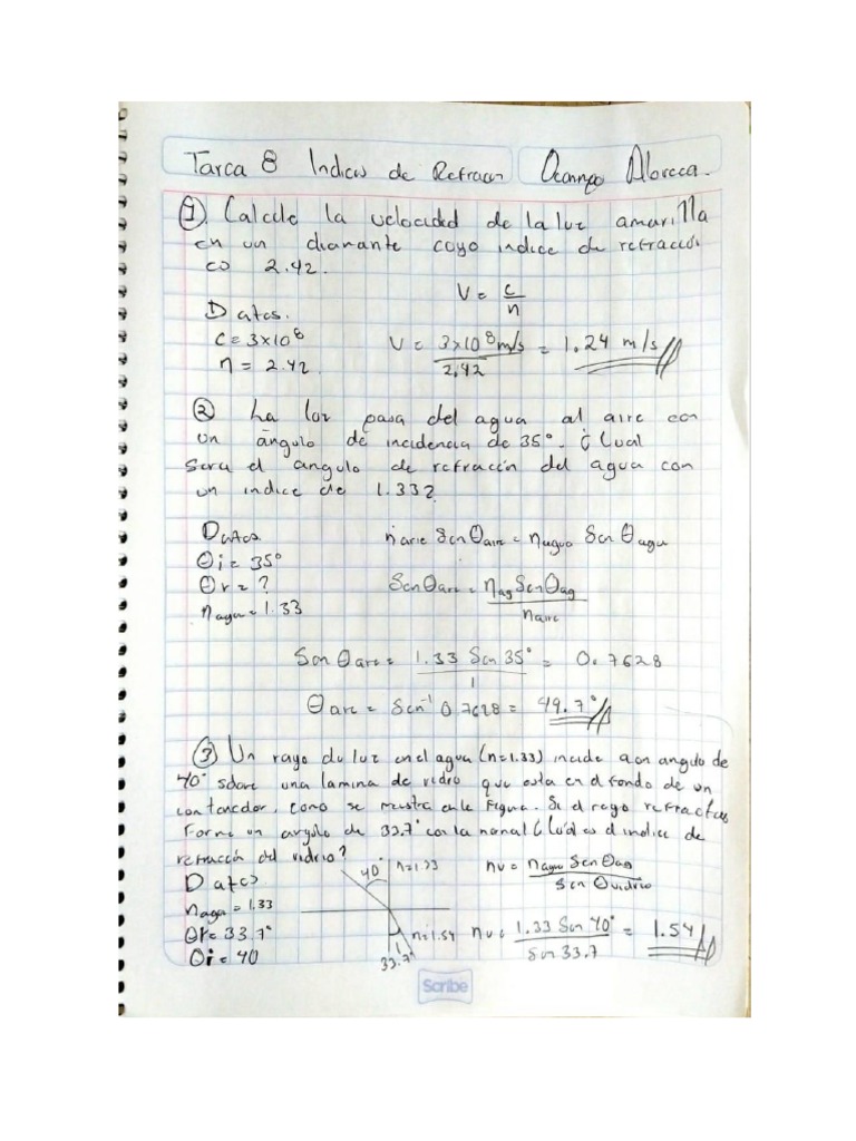 Tarea 08. Ejercicios de Indice de Refraccion | PDF