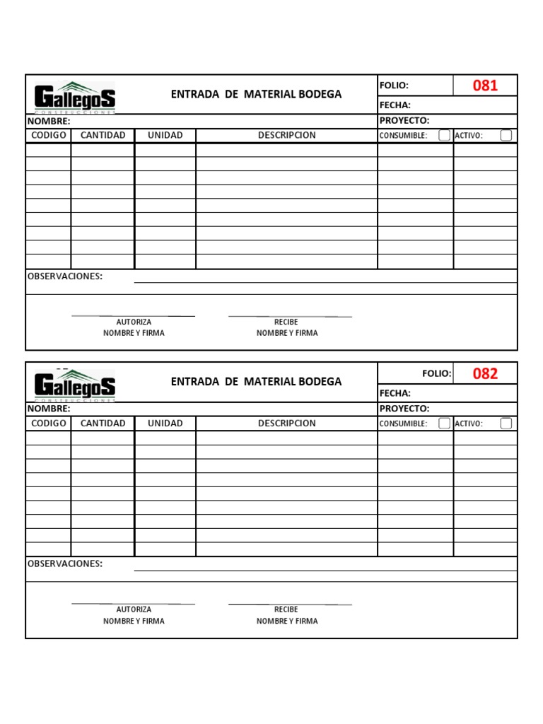 Formato de Entrada de Material a Bodega | PDF