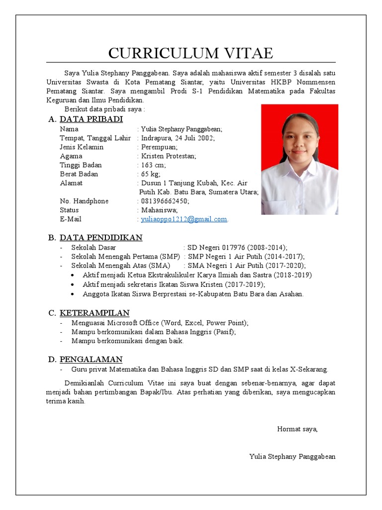 Yulia Stephany Panggabean's Curriculum Vitae | PDF