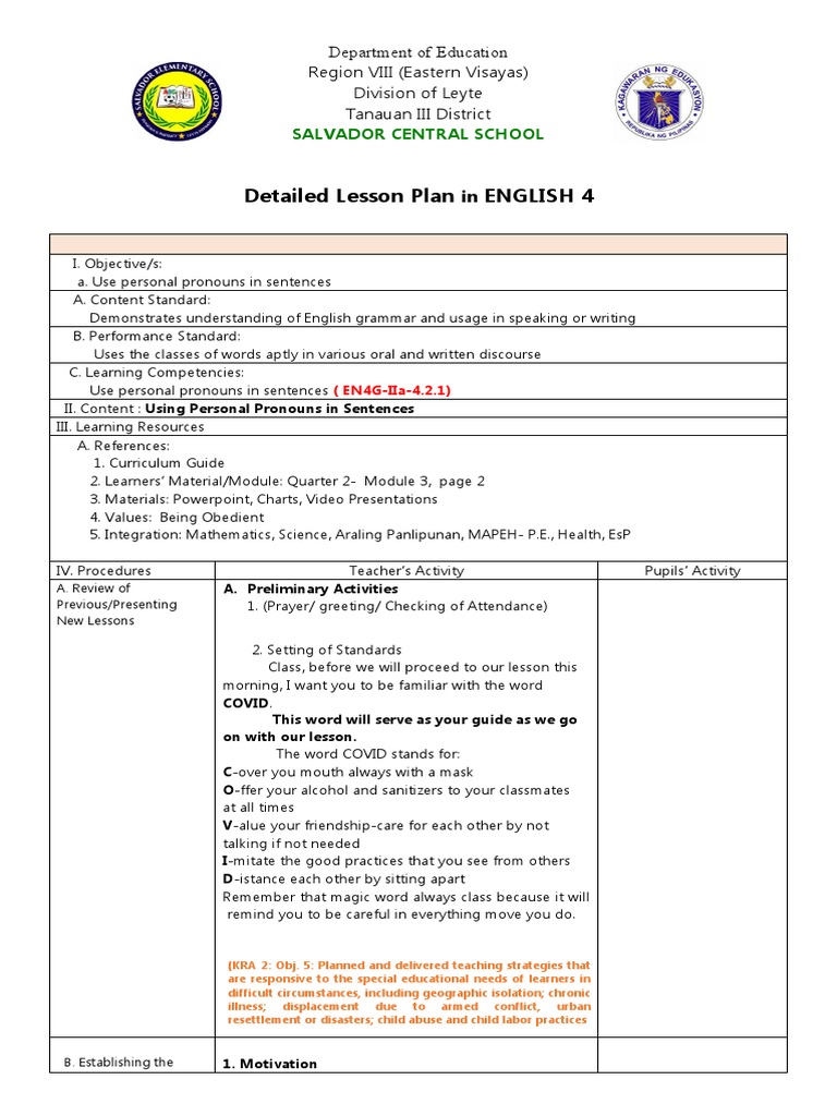Detailed Lesson Plan English 4: Salvador Central School | PDF ...