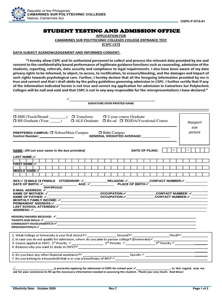 Student Testing and Admission Office: (Cspc-Cet) | PDF | Bachelor Of ...