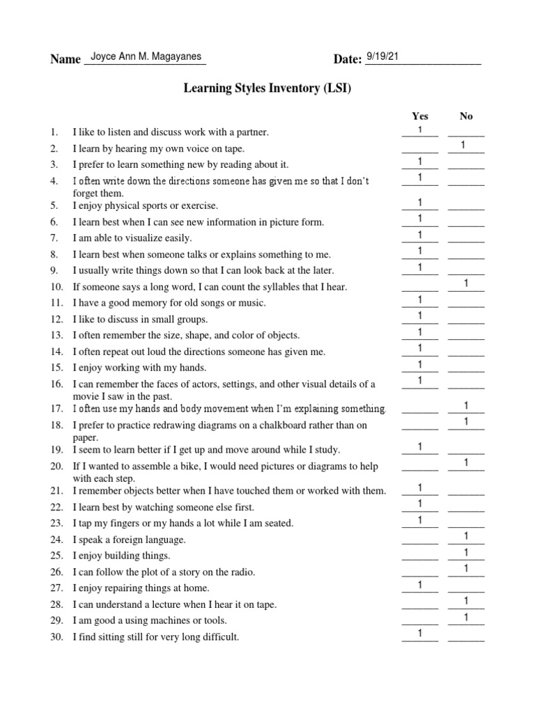 Name - Date: - Learning Styles Inventory (LSI) | PDF | Learning Styles ...