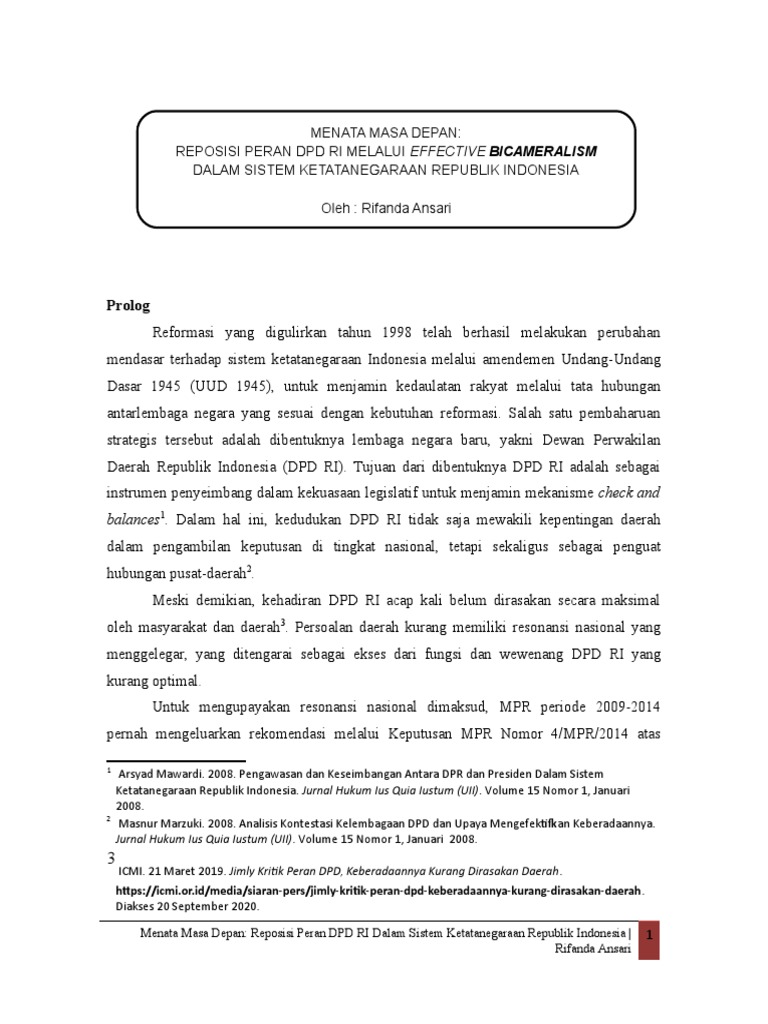 Rifanda Ansari - Reposisi Peran DPD RI Melalui Effective Bicameralism ...