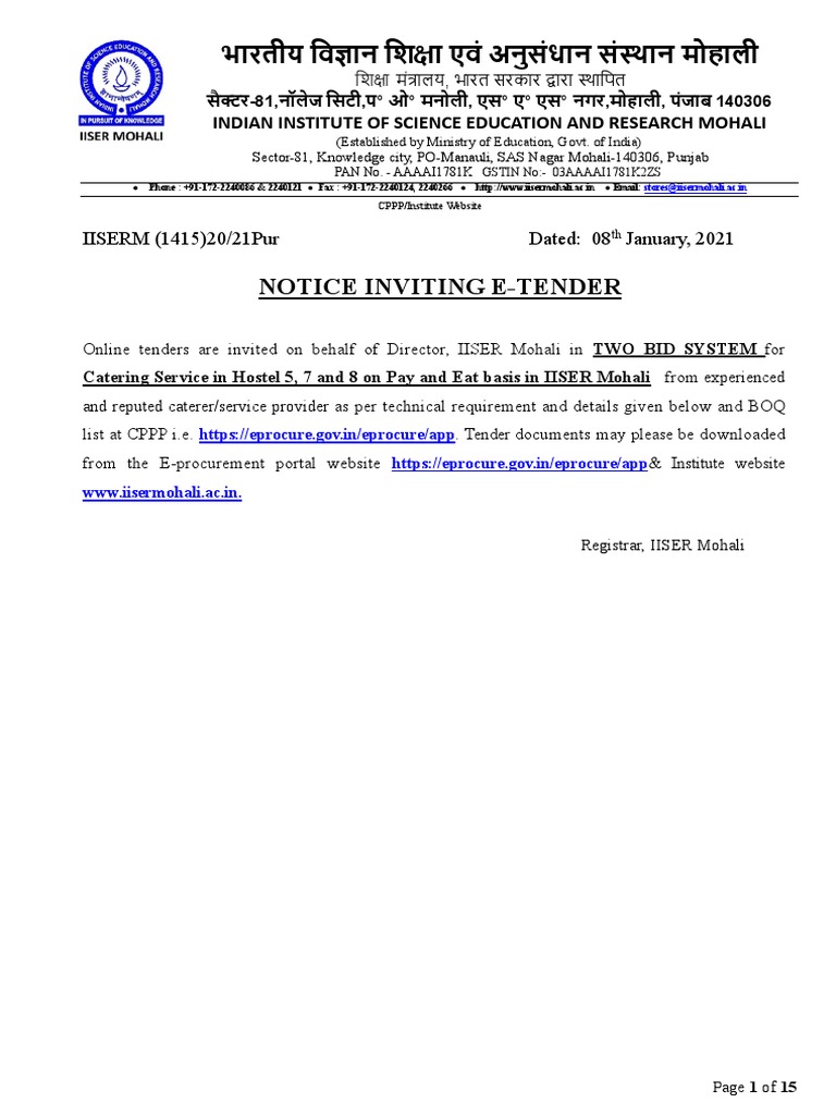IISER Mohali Mess Tender | PDF | Employment | Foods