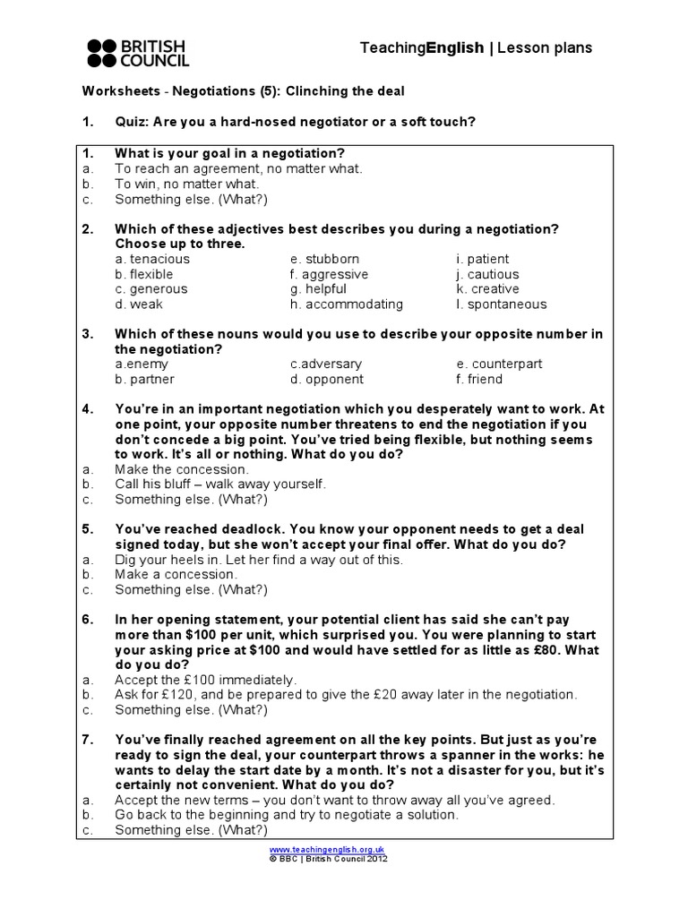 Negotiations 5 - Clinching The Deal - Worksheet | PDF | Negotiation ...